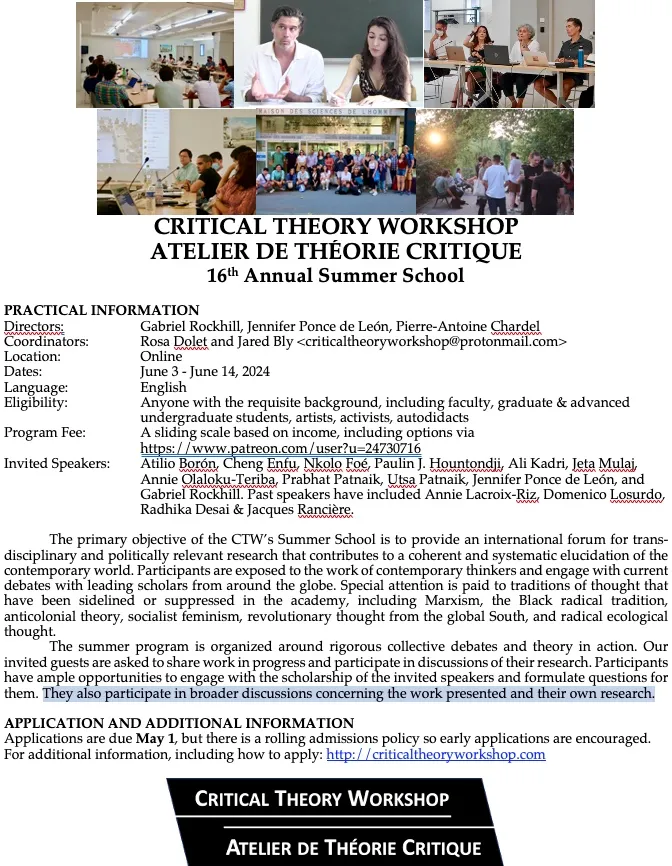 UPCOMING EVENTS – Critical Theory Workshop
